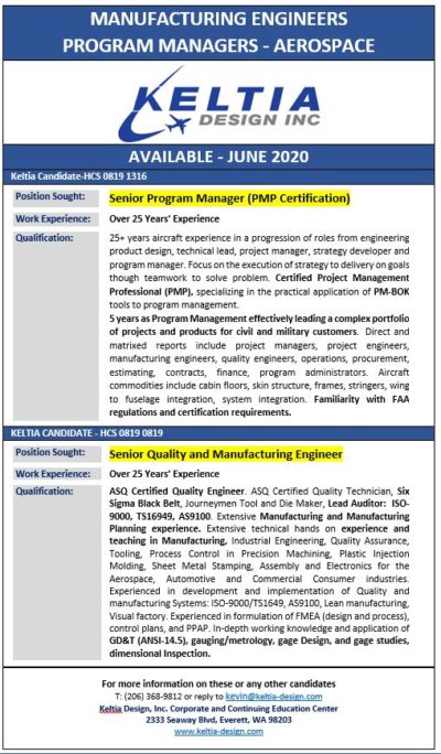 Manufacturing Engineers / Program Managers - Aerospace | Keltia Design Inc.